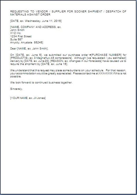 Early Delivery Request Letter Format