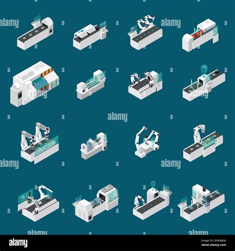 Industrial Robots Automation Isometric Set Of Isolated Images With