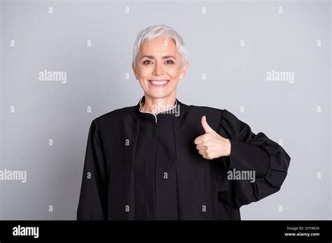 Photo Of Smiling Judge Make Thumb Up Like Isolated Grey Color