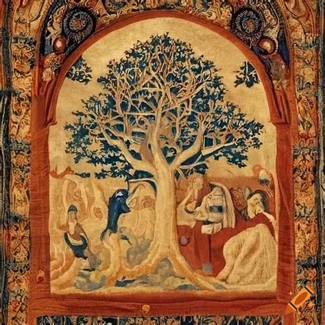Medieval Tapestry With Tree Moon And Stars