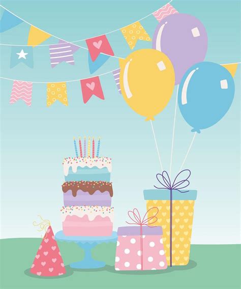 Feliz Cumpleaños Torta Dulce Regalos Sombrero De Fiesta Y Globos