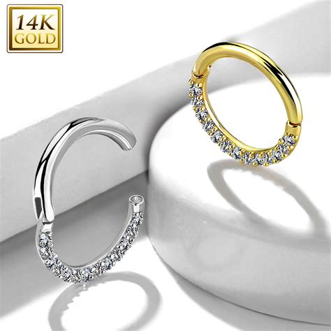 14k Gold Seamless Jeweled 16g Hinged Clicker Ring Daith Rook Septum