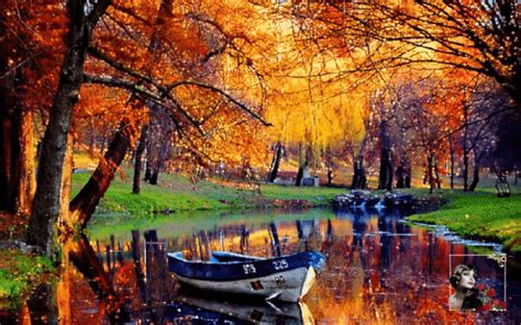 Beautiful Fall Landscape Photography Boat On Lake With Colorful Leaves