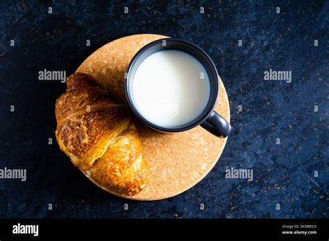 Sweet Bread Assorted Traditional Bakery Croissant Pans And Milk Stock