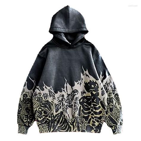 Mens Hoodies Mens Gothic Punk Grunge Long Sleeve Abstract Graphics
