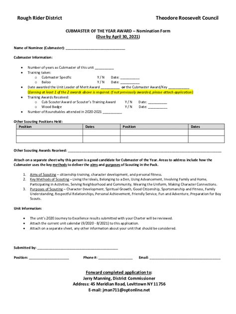 Fillable Online Cubmaster Of The Year Award Nomination Form Fax Email