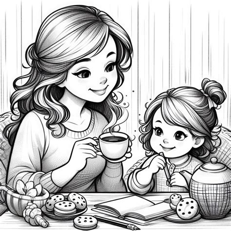Un Dibujo De Una Madre Y Una Hija Con Una Taza De Té Imagen Premium