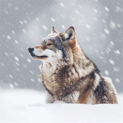 Premium Ai Image Peaceful Wolf Sitting In The Snow With Its Eyes