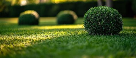 Lush Green Lawn With Neatly Trimmed Grass And Rounded Bushes In Soft