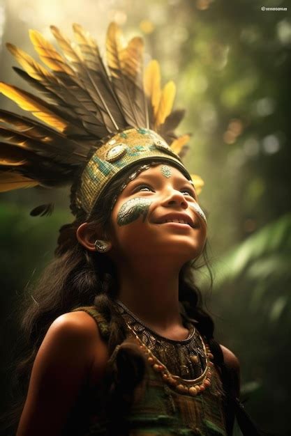Uma Garota De Uma Tribo De Ndios Com Um Cocar Feito De Penas Olha Para Cima E Sorri Sob Os