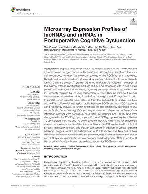 Pdf Microarray Expression Profiles Of Lncrnas And Mrnas In Postoperative Cognitive Dysfunction