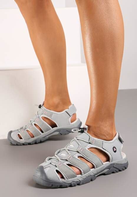 Jasnoszare Sandały Ze Skórzaną Wkładką Na Antypoślizgowej Podeszwie Z Rzepami I Sznurowaniem