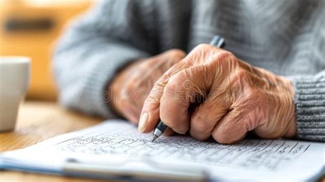 An Elderly Person Holding A Pen And Filling Out A Crossword Puzzle As