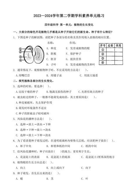 科学 教科版四年级下册科学第一单元：植物的生长变化巩固练习含答案 试卷下载预览 二一课件通