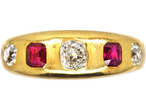 Victorian 18ct Gold Five Stone Ruby And Diamond Rub Over Set Ring 68t