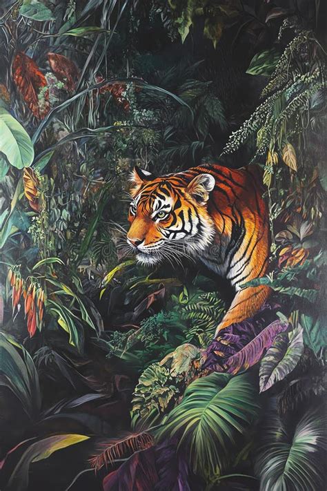 A Striking Tiger Prowling Through Lush Green Foliage Stock Illustration Illustration Of