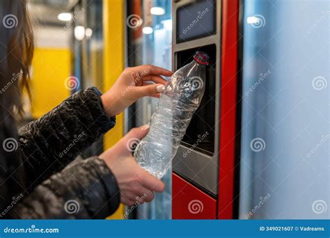 Woman Hand Put Empty Plastic Bottle In Bottle Return Machine Reverse Vending Machine For Refund