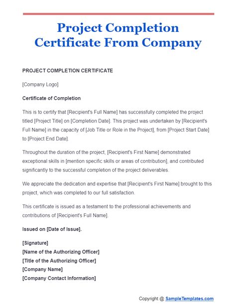 Project Certificate Of Completion Template