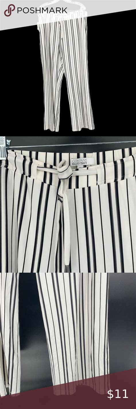 Ellen Tracy Elegant White Black Striped High Waist Wide Leg Pants L 018 High Waist Wide Leg