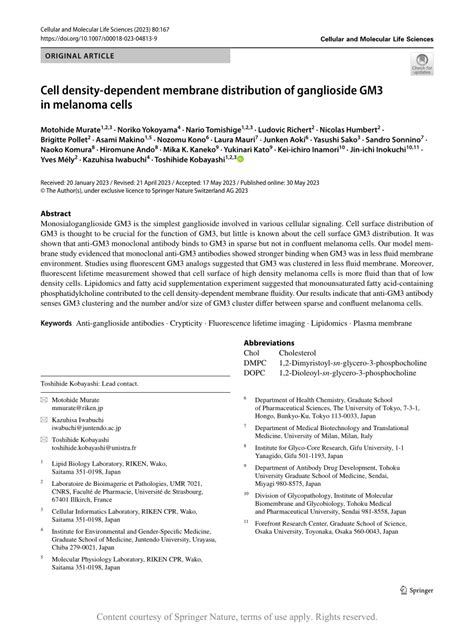 Cell Density Dependent Membrane Distribution Of Ganglioside Gm3 In