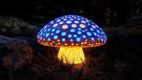 Glowing Fantasy Mushroom Night Scene Illuminated Fungi In Dark Forest