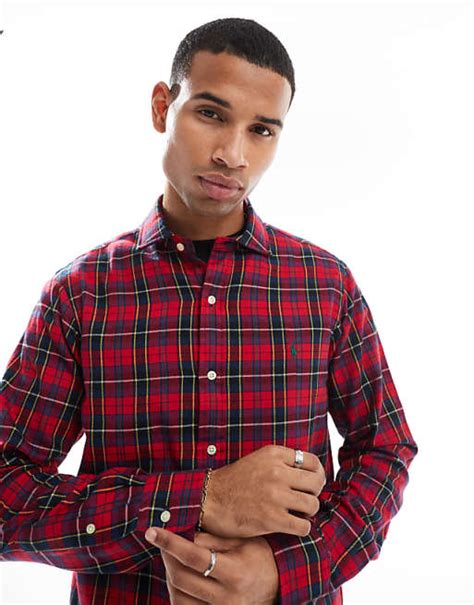 Polo Ralph Lauren Icon Logo Check Sanded Twill Shirt Custom Fit In Red
