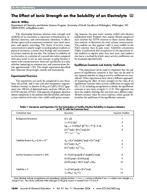 Pdf The Effect Of Ionic Strength On The Solubility Of An Electrolyte