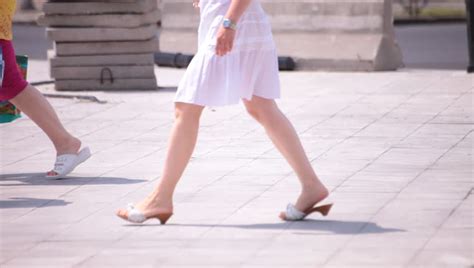 White Dress Naked Legs Young Adult Woman Walking Voyeur Point Of View