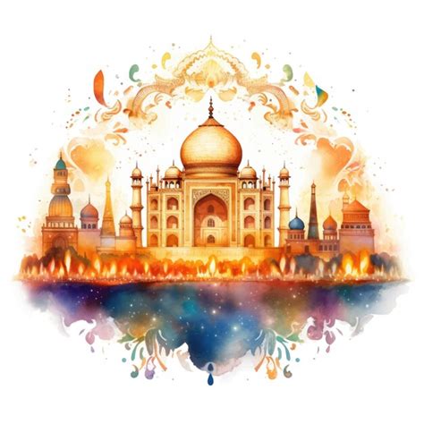 수채화 배경 벡터 일러스트 레이 션에 아름 다운 타지마할 프리미엄 벡터