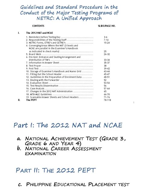 Guidelines And Standard Procedure In The Conduct Of The Major Testing