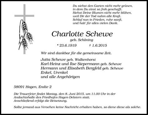 Traueranzeigen Von Charlotte Schewe Trauer In Nrwde