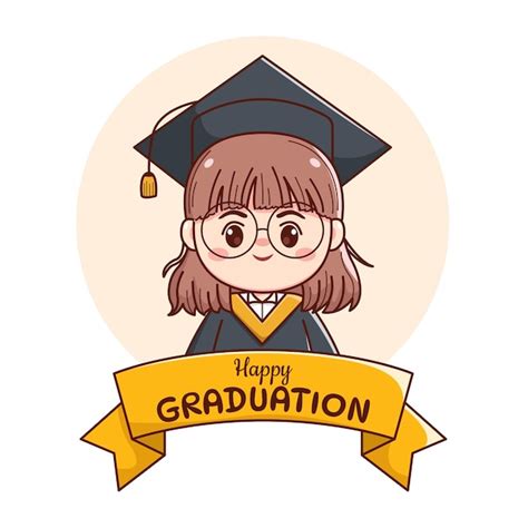 Pancarta O Cinta Feliz Graduación Niña Con Gorra Vestido Y Anteojos Lindo Kawaii Chibi Dibujos
