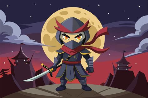 A Determined Ninja Character Poses With A Sword Under A Bright Full
