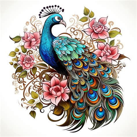 Premium Vector Peacock With Flowers On A White Background Vector