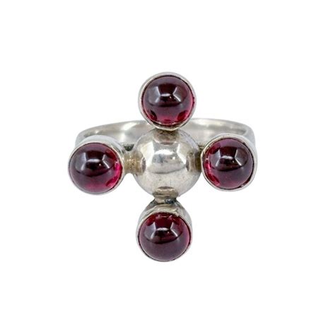 Modernist Garnet Cabochon Ring Vintage Sterling Sil… Gem