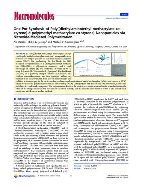 Pdf One Pot Synthesis Of Polydiethylaminoethyl Methacrylate Co