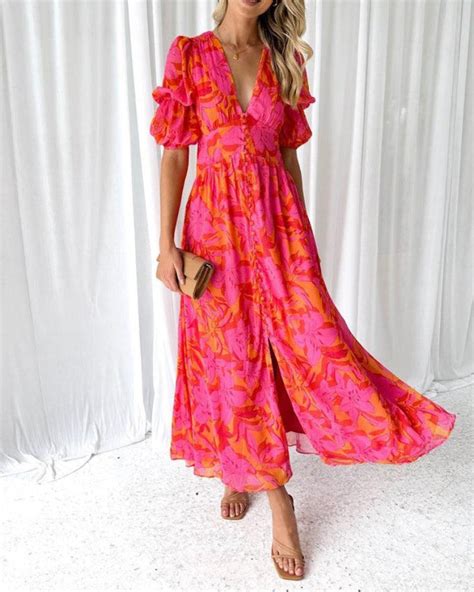 Clara Elegant V Neck Puff Sleeve Maxi Dress Sophies Boutique Wellington