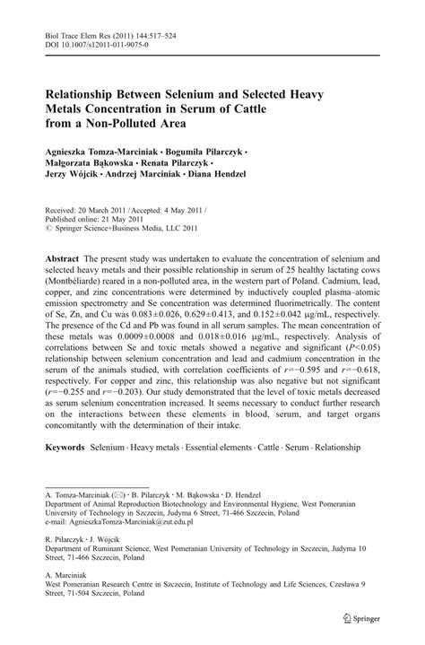 Pdf Relationship Between Selenium And Selected Heavy Metals