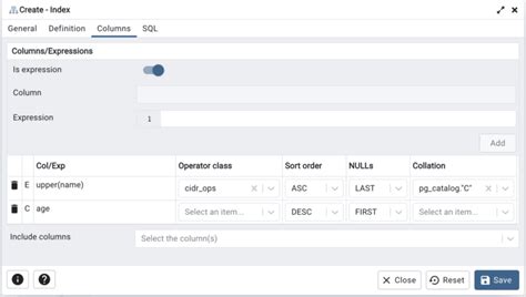 Index Dialog PgAdmin Documentation
