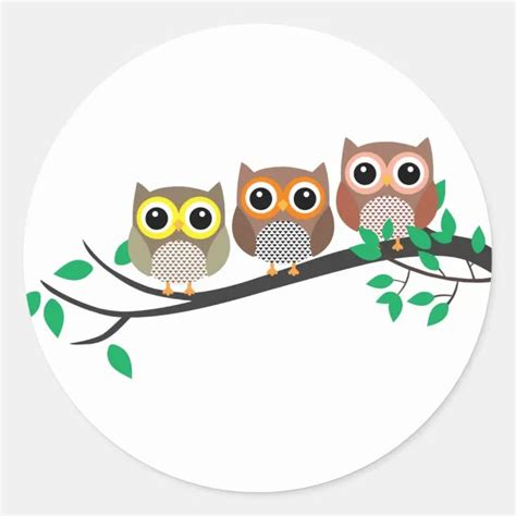 Three Owls On A Tree Branch Cute Drawing Classic Round Sticker Zazzle