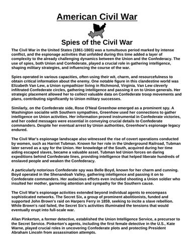 Spies Of The Civil War Article And Questions” Assignment Teaching Resources