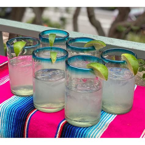 Latitude Run® Hand Blown Mexican Drinking Glasses Aqua Rim 14 Oz