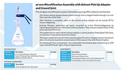 Laboratory Glassware Favorit 47mm Microfiltration Assembly With Solvent Pick Up Adapter And