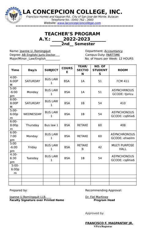 Format Of Teachers Program College Department Lcc Feb La Concepcion