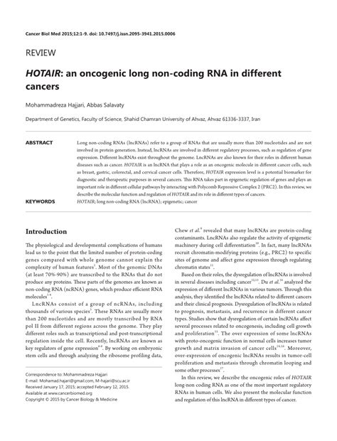 Pdf Hotair An Oncogenic Long Non Coding Rna In Different Cancers