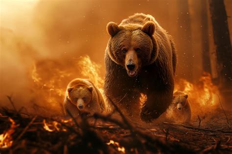 Premium Photo Mother Bear With Cubs Escaping A Forest Fire Concept Of