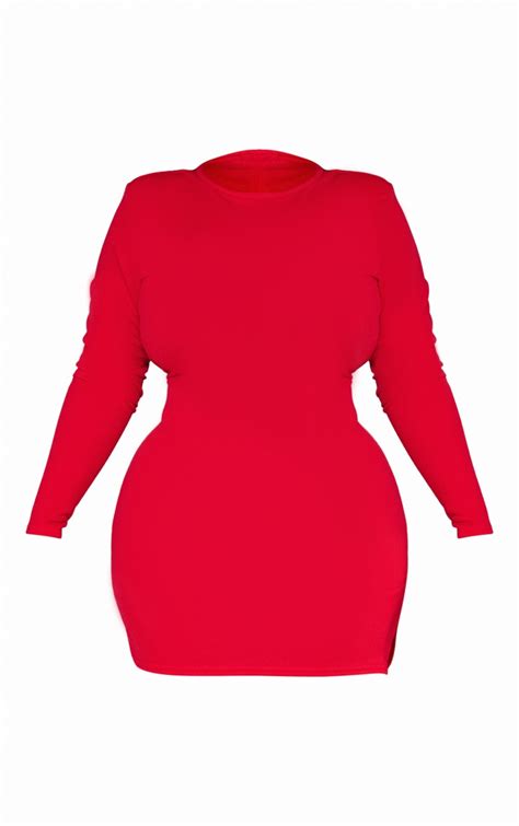 Plus Red Split Hem Shoulder Pad Bodycon Dress Prettylittlething