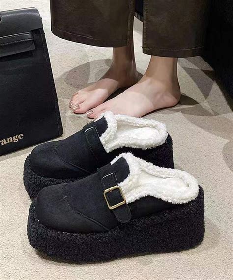 Beige Fuzzy Wool Lined Shoes Platform Wedge Shoes Soolinen