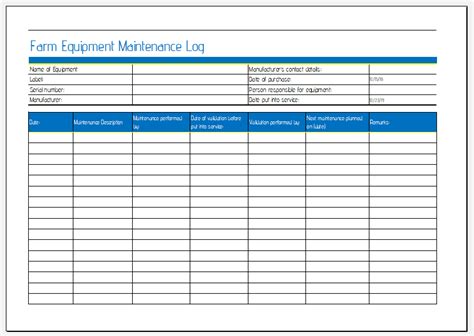 Equipment Repair Log Template Excel