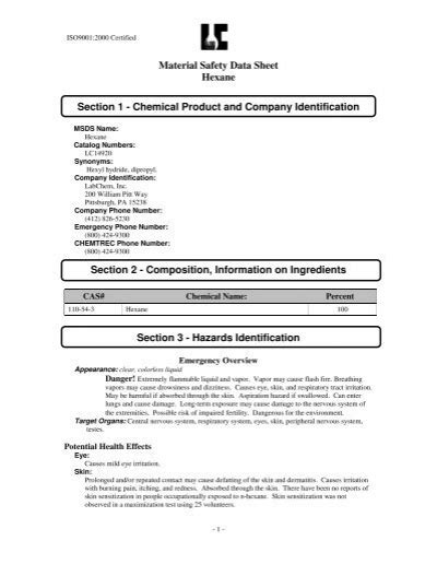 Material Safety Data Sheet Hexane Section 1 Chemical Labchem